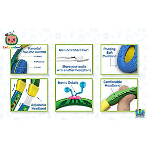 eKids Cocomelon Headphones for Kids, Wired Headphones for School, Home or Travel, Tangle Free Toddler Headphones with Volume Control, 3.5mm Jack, Includes Headphone Splitter