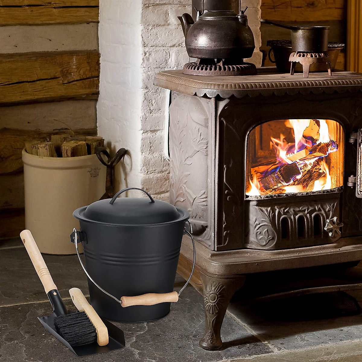 MINI Ash Bucket with Shovel and Hand Broom, 2 Gal Pail with Lid, Metal Bucket Coal and Ash Carrier Wood Pellet Storage Container Tool set for Fireplace Fire Pit, Iron Ash Wood Burning Stove