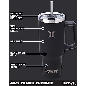 Hurley Tumbler Thermos - 40oz Double Wall Vacuum Insulated Travel Mug with Handle - BPA Free Stainless Steel Water Bottle - Leak Proof Hot and Cold Coffee Car Cup, Size 40 Ounces, Black Solid Rubber