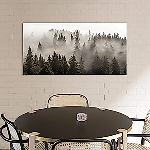 SunFlax Foggy Forest Canvas Wall Art: Mountain Landscape Picture Nature Misty Pine Trees Artwork Large Black and White Painting Print for Modern Living Room Bedroom Office