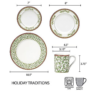 Mikasa Holiday Traditions Dinnerware Set with Mugs (16 Piece), Green, White