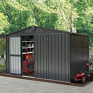RITSU Outdoor Storage Shed, Outdoor Garden Shed for Bike, Trash Can, Machine, Galvanized Steel, Outdoor Shed with Lockable Door for Backyard, Patio, Lawn (10'x 8', Black)