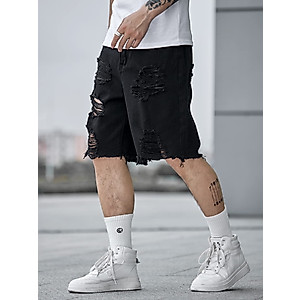 Verdusa Men's Ripped Distressed Raw Trim High Waist Straight Leg Denim Shorts Black XL