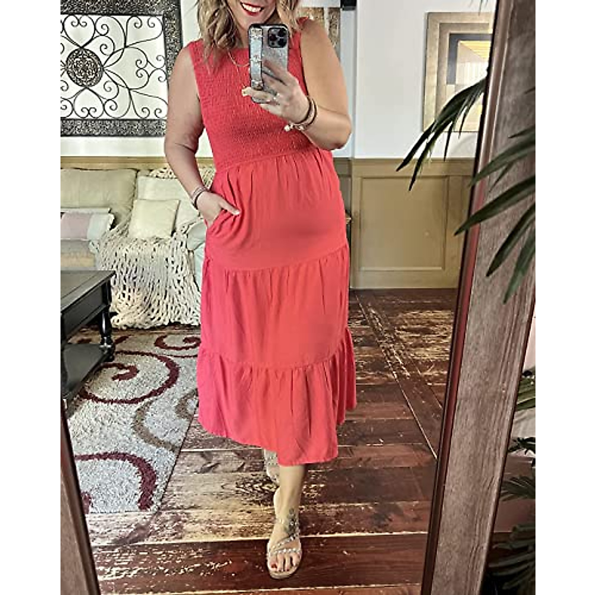 ZESICA Women's 2023 Summer Casual Sleeveless Crew Neck Smocked High Waist Flowy Tiered A Line Midi Dress,Watermelon,Medium