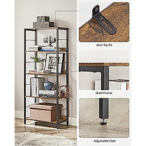 VASAGLE 5-Tier Bookshelf, Bookcase for Office, 11.8 x 23.6 x 56.7 Inches, Shelving Unit, with Back Panels, Industrial Style, for Living Room, Study, Home Office, Rustic Brown and Black ULLS117B01
