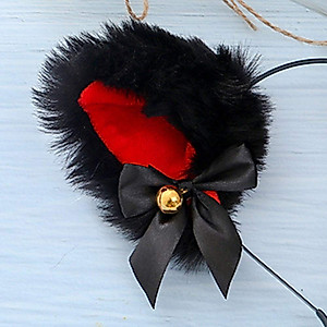 Fxaelian Animal Anime Cute Wolf Bear Cat Dog Ears Headband with Bells Bows Halloween Cosplay Costume Party Hairband Headwear Headpiece Hair Accessories for Women Men Adult Black Red