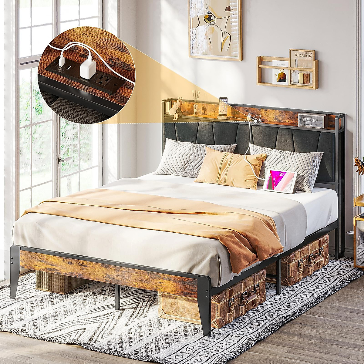 ClouDDwell Queen Size Bed Frame and Headboard with Charging Station, Queen Bed Frame with Storage, Heavy Duty Steel Support, No Box Spring Needed, Squeak Resistant, Rustic Brown and Grey