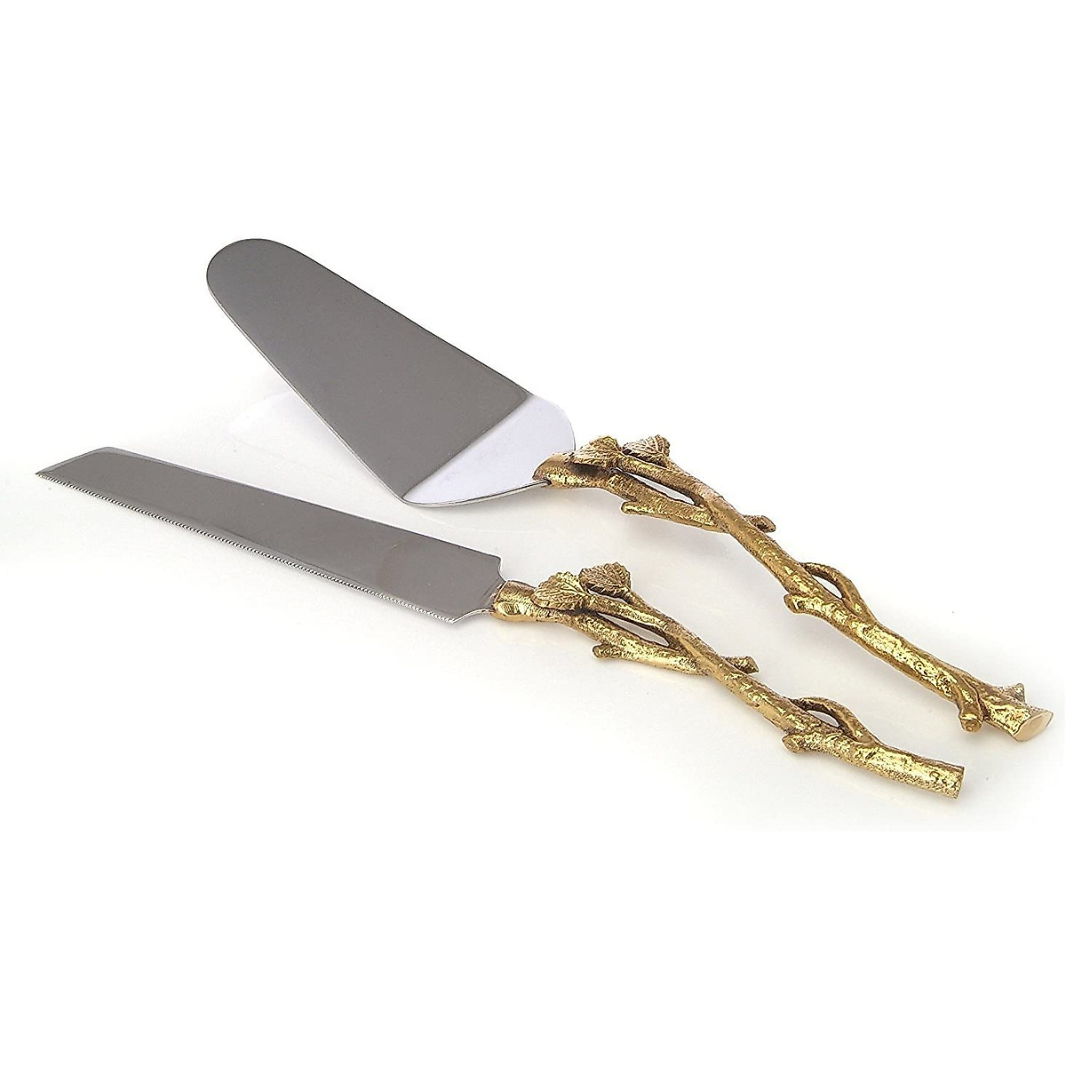 Le'raze 2 Piece Gold-leaf (twig) Cake Server Set. 1 Cake Knife and 1 Cake Server. Leaf Design 2 Tone Made of Stainless Steel and Brass. Ideal for Weddings, parties, Elegant Events