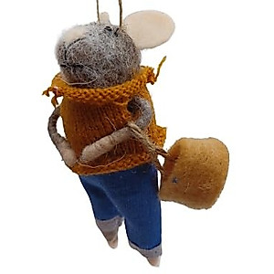 OnHoliday Wool Felt Mouse in Sweater and Jeans Gardening with Basket Hanging Christmas Tree Ornament