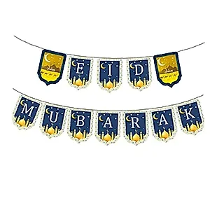 Froiny Eid Mubarak Bunting Banner Blue Muslim Islamic Decorations with Star and Moon Garlands for Ramadan Kareem Party Supplies