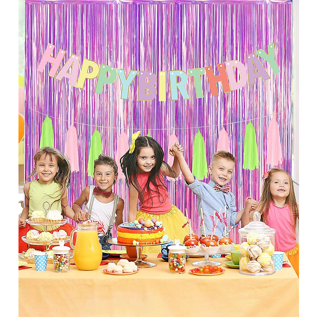 Sharonlily Gorgeous Iridescent Pink Foil Fringe Curtain-2 Pack 3.2x8.2 Feet Premium Neon Metallic Streamers Photo Booth Backdrop for Birthday Bachelorette Graduation Party Decorations (Pink-Orange)