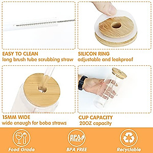 BESTBEL 4 Pack Drinking Glasses with Bamboo Lids and Glass Straws,20 OZ Can Shaped Glass Cups,Beer Can Glass,Ice Coffee Cups,Smoothie Cups,Glass Tumblers,Boba Cups,Soda Can Glass with Lids and Straws