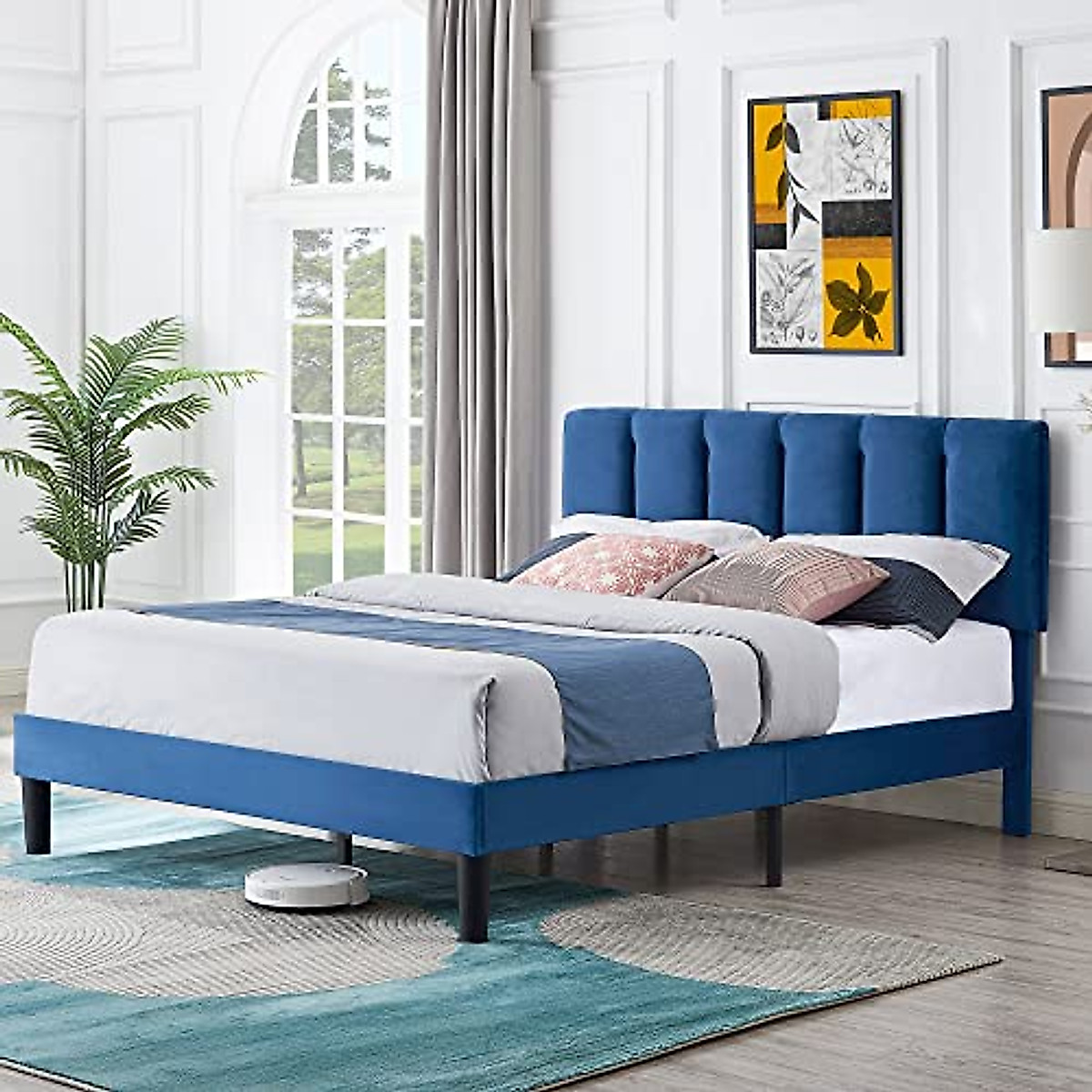 VECELO Full Size Bed Frame, Upholstered Platform Bedframe, Adjustable Headboard, Wood Slat Support, No Box Spring Needed, Easy Assembly, Blue