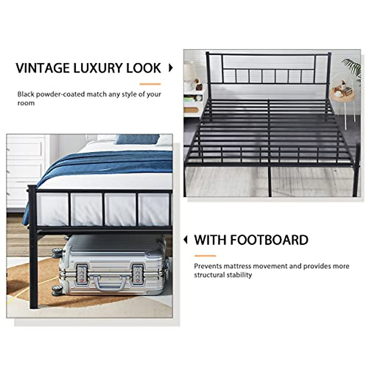 Haiput Wam King Metal Bed Frames with Headboard, Metal Platform Bed Frame King Noise-Free, Farmhouse Bed Frame No Box Spring Needed, Easy Assembly,King