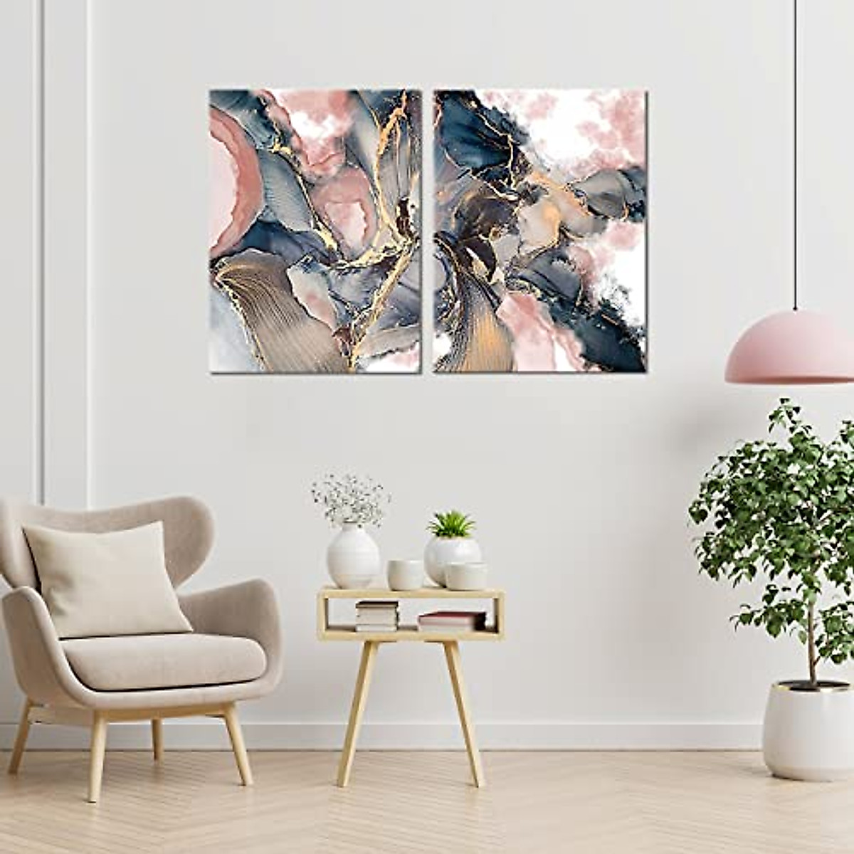 Abstract Canvas Prints Wall Art 2 Panel Texture Paint Stains Blue Rose Gold and Pink Picture Wall Decor For Bathroom Bedroom Living Room (12"x16"x2 (30x40cmx2))