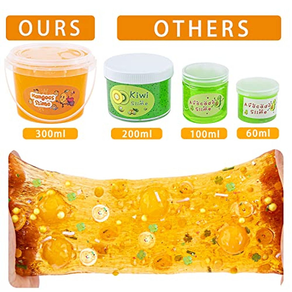 Crystal Slime, Orange Mango Clear Jelly Cube Glimmer Crunchy Slime with 8 Add-ins, Idea Stress Relief Toy, Kids Party Favor, Birthday Easter Christmas New Year Gift for Girls & Boys Age 6 7 8 9 10+