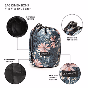 Jadyn Durable Cinch Top Makeup Organizer - Compact Travel Makeup Bag - 7 Interior Pockets for Cosmetics - Drawstring Toiletry Travel Bag for Women - 6L Storage Capacity - (Navy Floral)