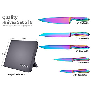 Rainbow Knives Block Set 6 Pieces, Iridescent German High Carbon Stainless Steel Kitchen Knives Pack with Magnetic Knife Display Rack