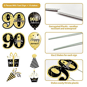 Happy 90th Birthday Yard Signs Set of 8, Black Gold 90th Birthday Decorations for Men, 90 Birthday Lawn Signs with Stakes and Outdoor Lawn Decorations
