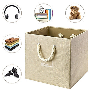 i BKGOO Foldable Storage Cube Bins Khaki Linen Fabric Collapsible Resistant Basket Box Organizer with Cotton Rope Handle for Home Office and Nursery 13x13x13 inch