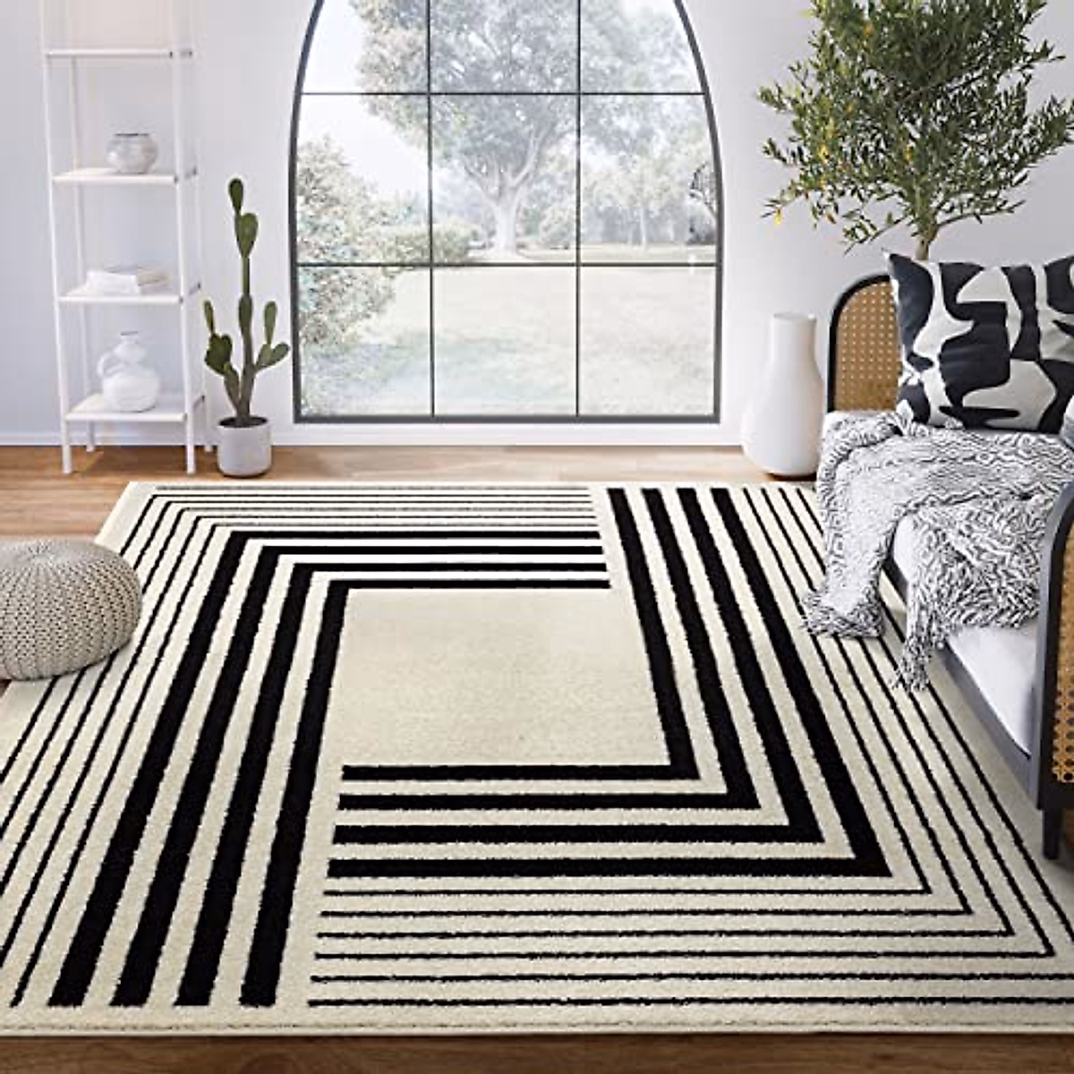Abani Geometric Beige/Black Area Rug -6'x9' - Modern 3D Lines Design - Deco Collection - Easy to Clean - Durable for High Traffic Areas - Bedroom, Office & Kitchen - Medium Pile