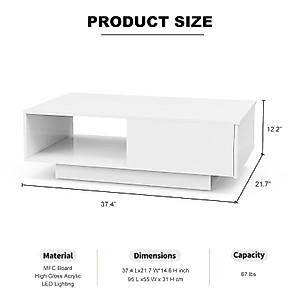 IKIFLY Modern LED Coffee Table with A Drawer, White High Glossy Coffee Table with 16 Colors LED Lights for Living Room