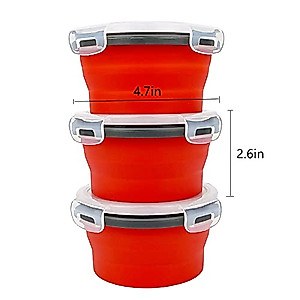 CCyanzi 3piece Round Collapsible Bowl with Lids, Silicone Food Storage Containers, Microwave & Freezer Safe, Space Saving for Kitchen Cabinet and Camping Backpack,(Red Gray)