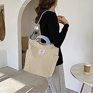 ALUWU Canvas Tote Bag for Women Crossbody Bag Casual Shoulder Purse Handbag with Zipper for School Work Beige