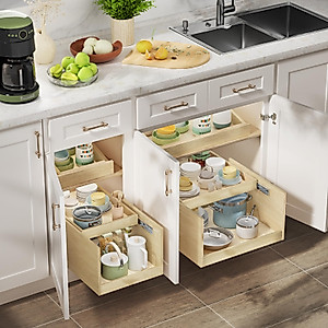 LOVMOR Retractable Double-Drawer Pull Out Cabinet Organizer 19½” W x 21” D Soft Close Cabinet Drawers Slide Out with Full Extension Rail Slides Cabinet Pull Out Shelves for kitchen Cabinets