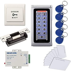 MENGQI-CONTROL Waterproof Metal RFID PIN Code Door Security Access Control System ANSI Standard North American Heavy Duty Electric Strike Lock,110V-240V Power Supply Unit,Exit Button,Cards/Key Fobs