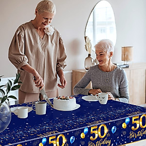GREHUMOR 50th Birthday Decorations Men-3pcs Navy Blue 50th Birthday Table Covers Rectangle Waterproof Plastic Gold Blue Birthday Tablecloth for Men 50th Birthday Party Supplies