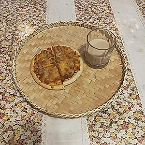 NewFerU Food Serving Tray Table Storage Plate Platter with Handles for 12" Bamboo Woven Dome Lid Cover to Keep out Bugs Flies for Picnic Party Bread Cake Pizza Dry Fruit Dessert Indoor Outdoor (1)