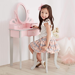 Teamson Kids Princess Rapunzel Wooden 2-pc. Play Vanity Set with Three Storage Drawers, Rotating Oval Mirror and Matching Stool to Play Dress-Up, Princess or Beauty Salon, Pink and Gray