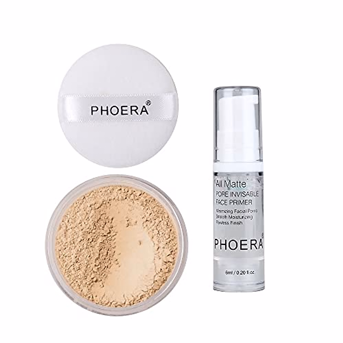 2 Pcs PHOERA Setting Powder and Face Primer, Control Oil Brighten Skin Color Cover Face Setting Loose Powder。 (02 Cool Beige + makeup primer)