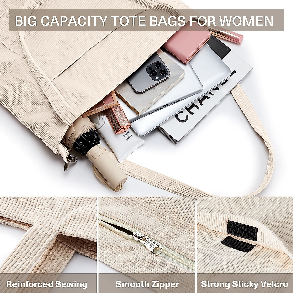 KALIDI Women Corduroy Tote Bag Large Shoulder Tote Bag with Zipper Pocket Casual Hobo Handbag Big Capacity Shopping Work Bag