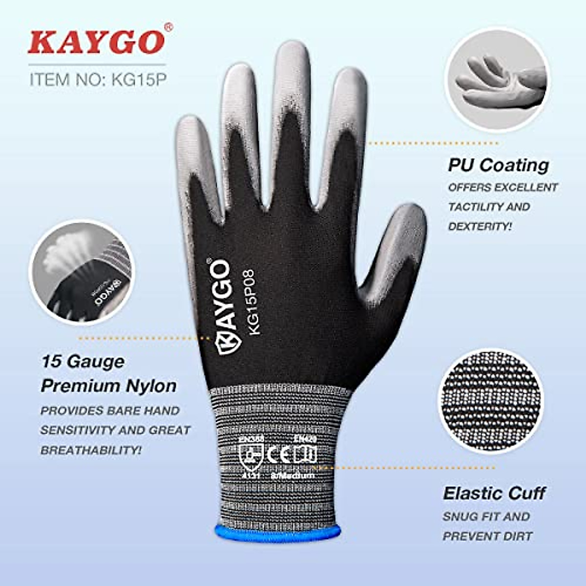KAYGO Work Gloves PU Coated-12 Pairs, KG15P,Nylon Lite Polyurethane Safety Work Gloves, Gray Polyurethane Coated, Knit Wrist Cuff,Ideal for Light Duty Work (Large, Black)