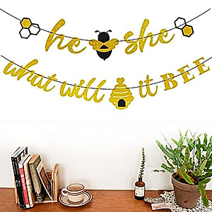 Morndew Glitter He or She What Will It BEE Banner for Boy or Girl Birthday Party Gender Reveal Party Baby Shower Bunting Decoration