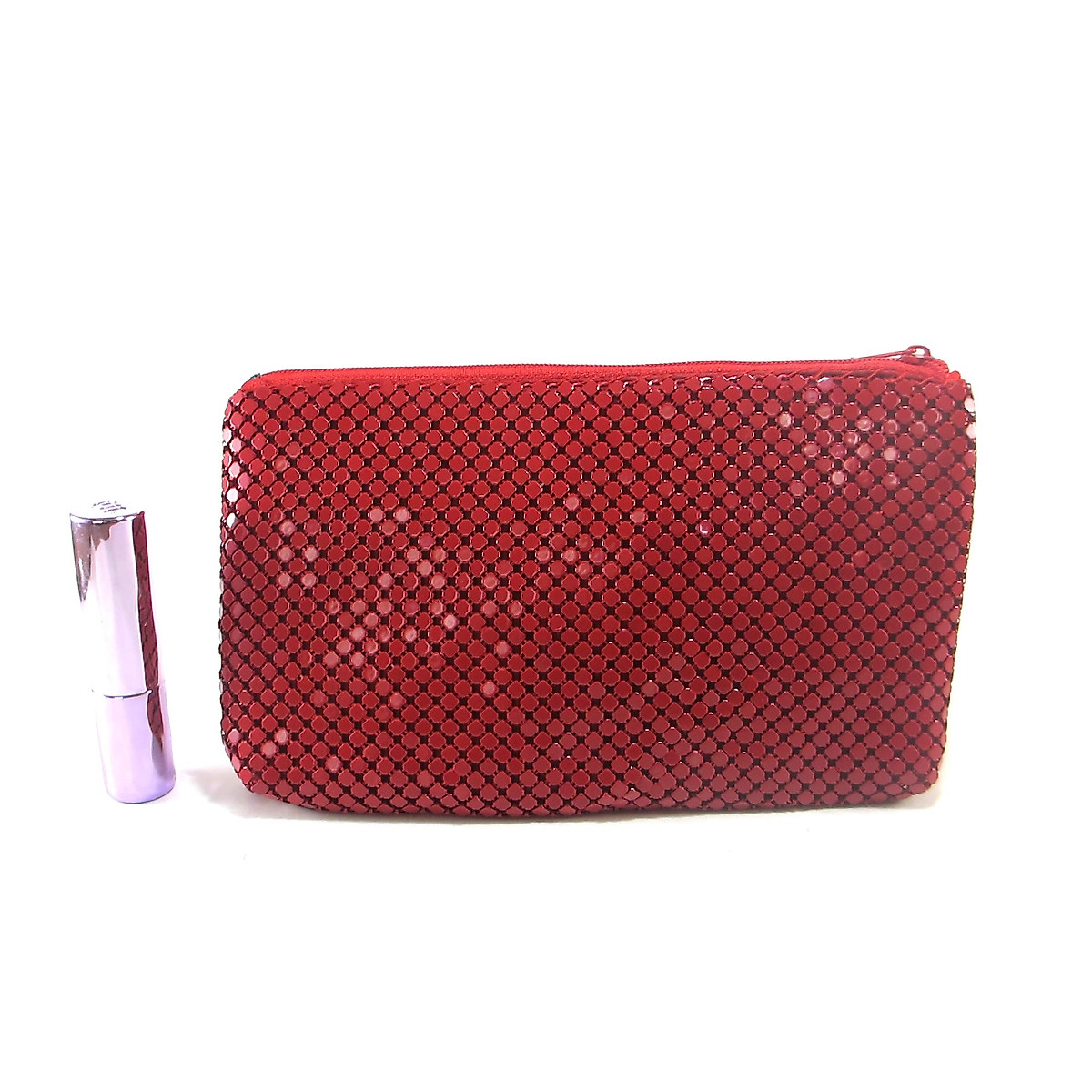 Frewahmesh Cosmetic Bag with Zipper,Travel Makeup Pouch,Metal Mesh Portable for Girls Women (Red)