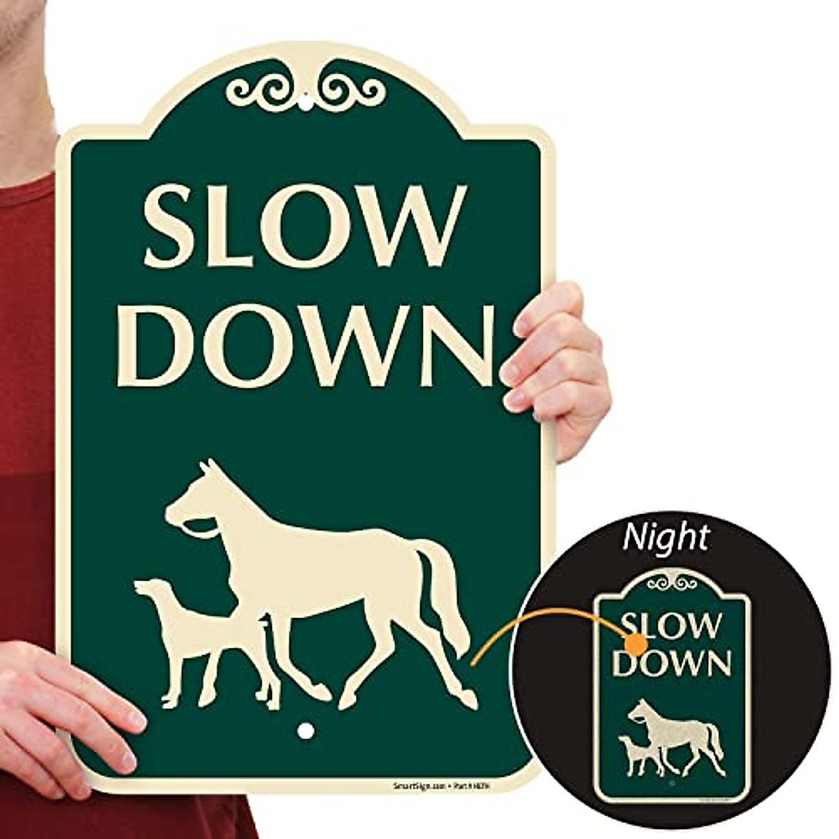 SmartSign Designer "Slow Down" Animal Crossing Sign with Horse & Dog Symbol, 12" x 18", 120 mil Aluminum Composite (ACM) with Overcoat, Engineer Grade Reflective, Green, Made in USA