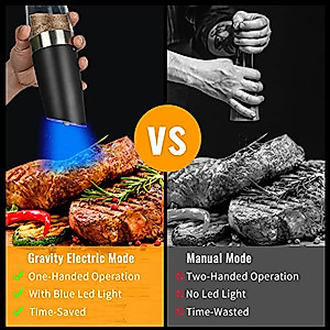 Gravity Electric Salt and Pepper Grinder Set, 2 Pack Automatic Salt and Pepper Grinder Set With LED Light & Adjustable Coarseness, One Hand Operation Mill Grinder Battery-Operated, Gift Idea, Black