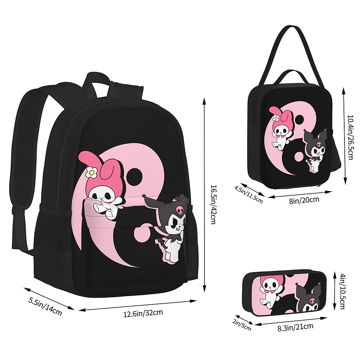 ORPJXIO Backpack 3 Piece Set Kuromi Anime My Melody Laptop Backpack Pencil Case Lunch Bag Combination For Travel Work Camping