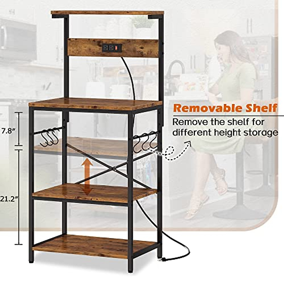 SUPERJARE Kitchen Bakers Rack with Power Outlet, Coffee Bar Table 4 Tiers, Kitchen Microwave Stand with 6 S-shaped Hooks, Kitchen Storage Shelf Rack for Spices, Pots and Pans - Rustic Brown