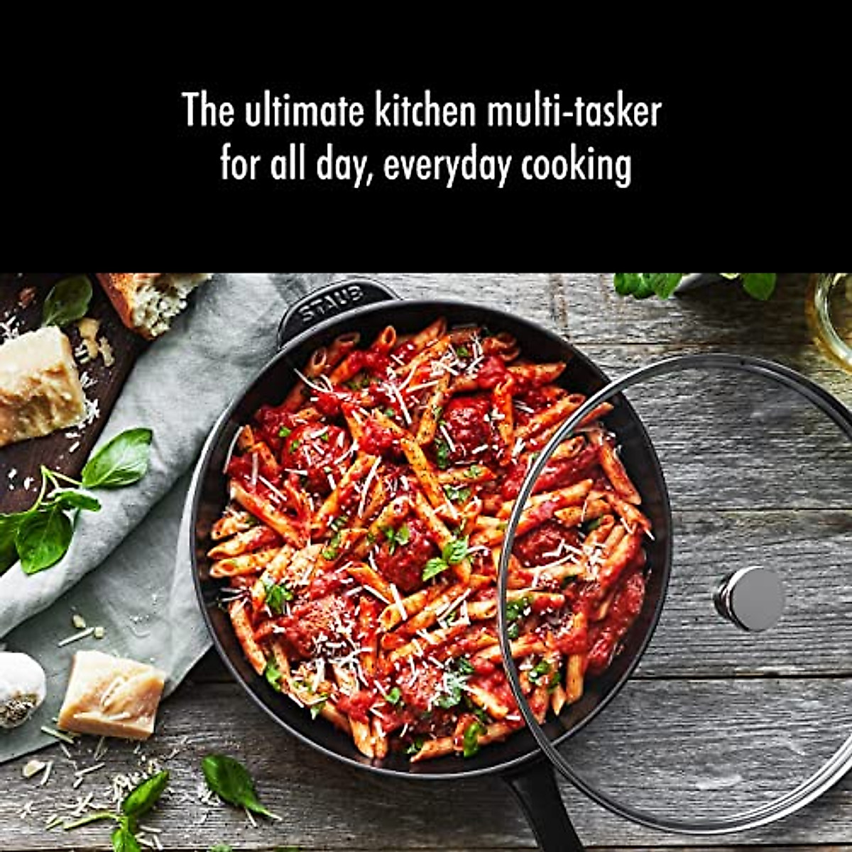 STAUB Cast Iron Pan with Lid 10-inch, 2.9 Quart Serves 2-3, Fry Pan, Cast Iron Skillet, Wok, Made in France, Matte Black