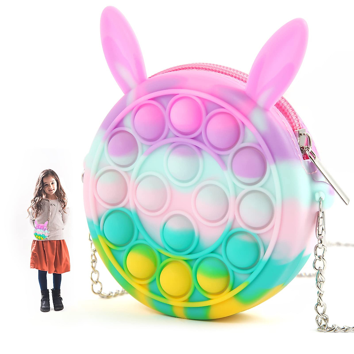 Pop It Purse Pop It Bag Kids Gifts Pop Purse Fidgets Toys Pop It Purse for Girls Pop Fidget Purse Mini Rabbit Shoulder Bag (Macaron)