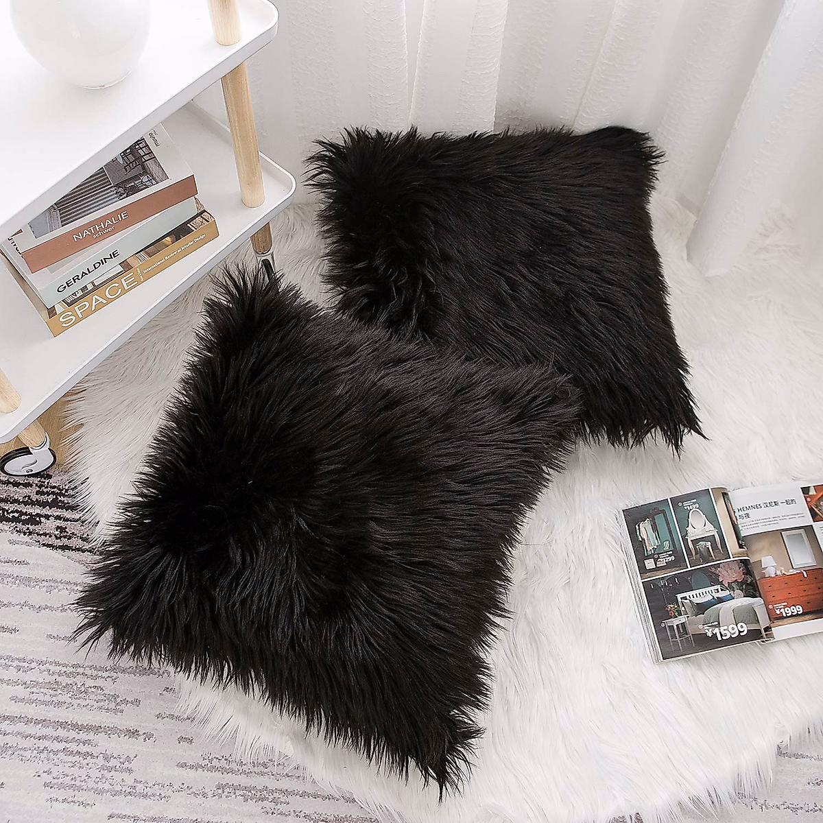 WLNUI Set of 2 Black Decorative Pillow Covers New Luxury Series Merino Style Faux Fur Fluffy Throw Pillow Covers Square Fuzzy Cushion Case 18x18 Inch