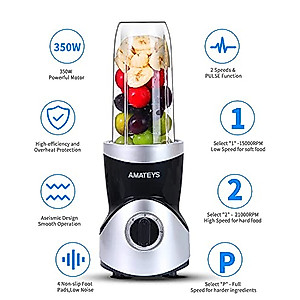 Amateys Personal Blender for Shakes and Smoothies,Professional Kitchen Blender with Blending & Grinding Blades, Portable Coffee Grinder with 24/10 OZ Travel Bottles, Adjustable Speeds Juice Blender
