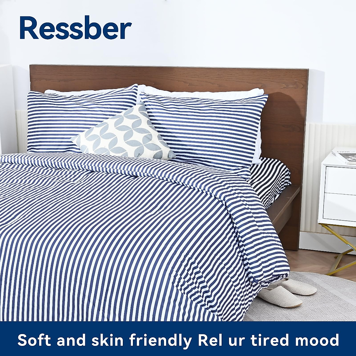 ressber Stripe Comforter Set Bedding Sets Blanket for All Season Soft and Breathable. (Full, Navy Blue)