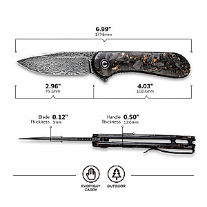 CIVIVI Elementum Folding Pocket Knife for Men, 2.96" Damascus Blade Folder with Low Profile Pocket Clip for EDC C907C-DS3