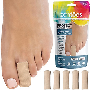 ZenToes 5 Pack Toe Caps Closed Toe Fabric Sleeve Protectors with Gel Lining, Prevent Corn, Callus, Blister Development Between Toes, Soften and Soothe The Skin (Size Medium)
