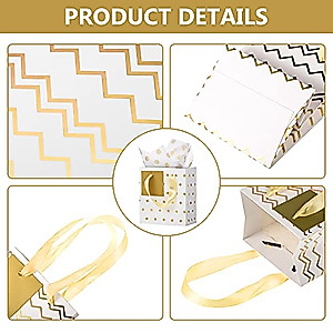 12 Pcs Small Gift Bags Mini Metallic Paper Bags with Handle Tag and Tissue, Wrap Bag for Birthday Wedding Christmas Holiday Baby Shower, 4 x 2.8 x 4.5 Inch (White Gold)